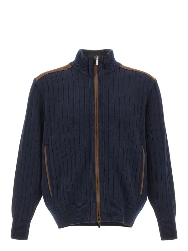 Paul & Shark Ribbed Zip-up Sweater With Suede Accents - Blue