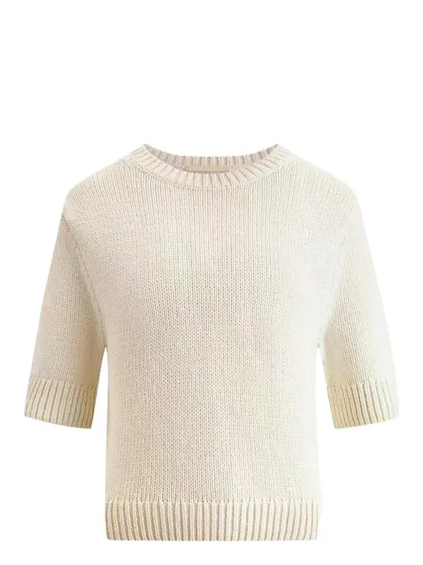 12 STOREEZ Off-white Ribbed Cotton Short Sleeve Top - Neutrals