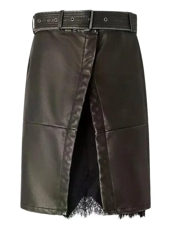 Pinko Belted Faux-leather Skirt With Lace Trim - Black