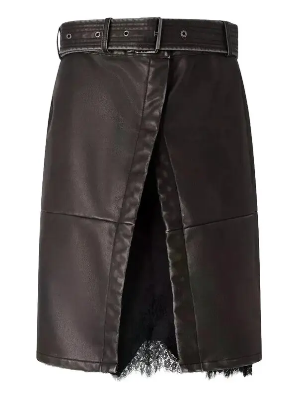 Pinko Belted Faux-leather Skirt With Lace Trim - Black