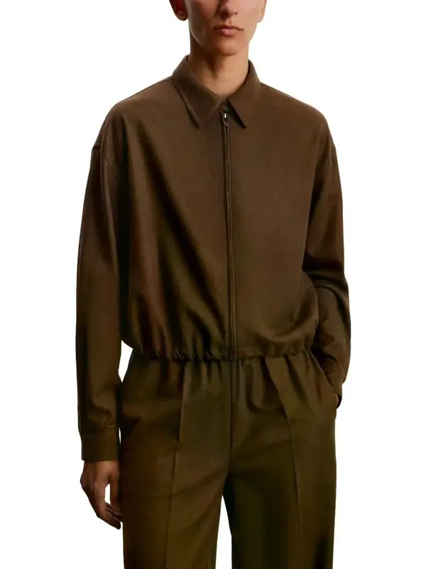 12 STOREEZ Zip-up Crop Shirt With Classic Collar And Elasticated Hem - Brown