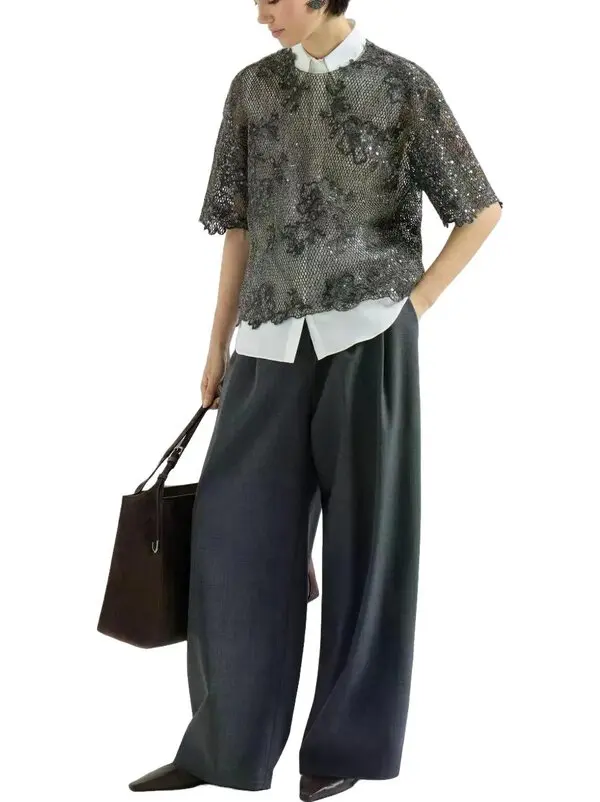 Brunello Cucinelli Mohair And Wool T-shirt With Lace Embroidery And Sequins - Grey