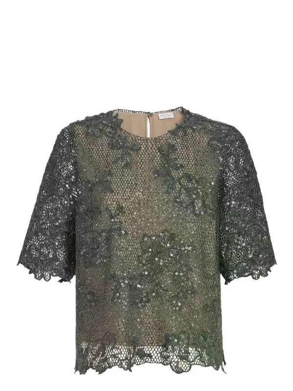 Brunello Cucinelli Mohair And Wool T-shirt With Lace Embroidery And Sequins - Grey