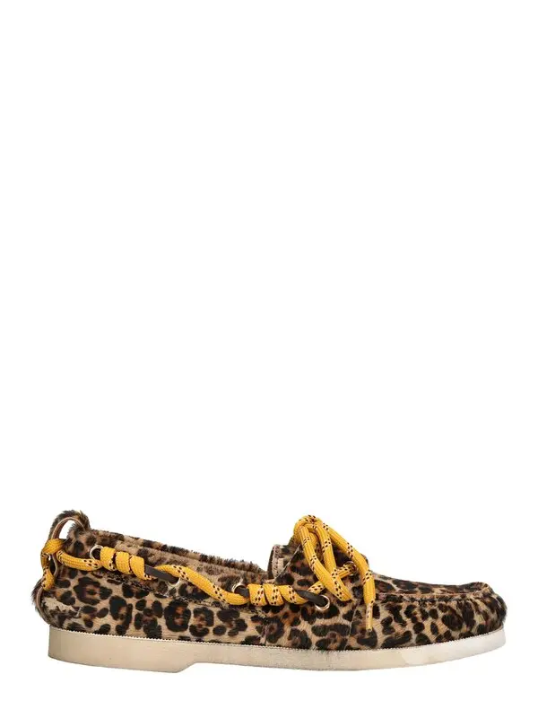 GOLDEN GOOSE Pony Hair Leopard Print Boat Shoes - Brown