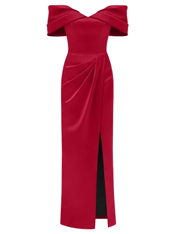 TIA DORRAINE Heavenly Kissed Draped Satin Maxi Dress - Red