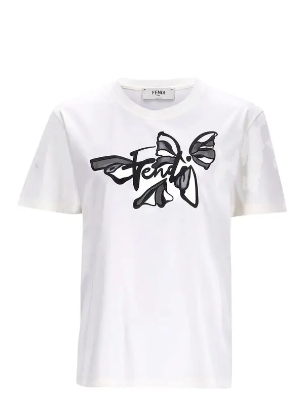 Fendi Crew Neck T-shirt With Front Embroidery - Bianco