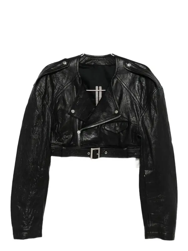 Rick Owens Cropped Leather Jacket With Zip Cuffs And Belt - Nero