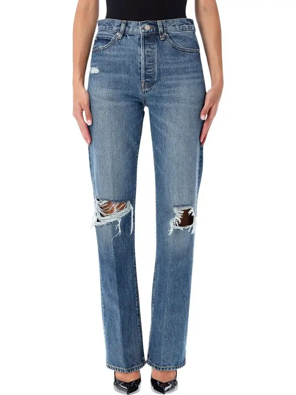 FRAME High-rise Distressed Straight-leg Jeans - Voltage Mid Blue