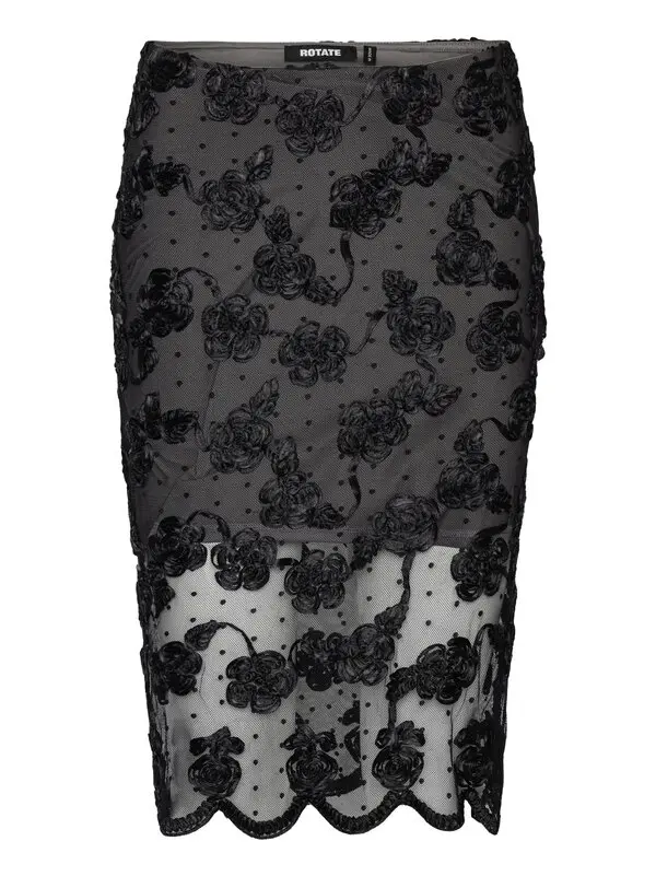 ROTATE BY BIRGER CHRISTENSEN Floral Appliqué Mesh Midi Skirt - Nero