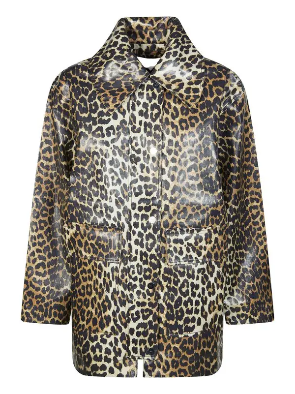 GANNI Leopard Print Laminated Jacket - Beige