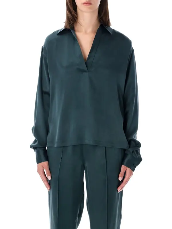 TOM FORD Silk Satin Open Collar Blouse - Teal Green