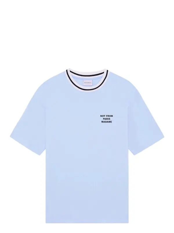 Drole De Monsieur Chest Slogan Print Cotton T-shirt With Ribbed Contrast Neckline - Azzurro