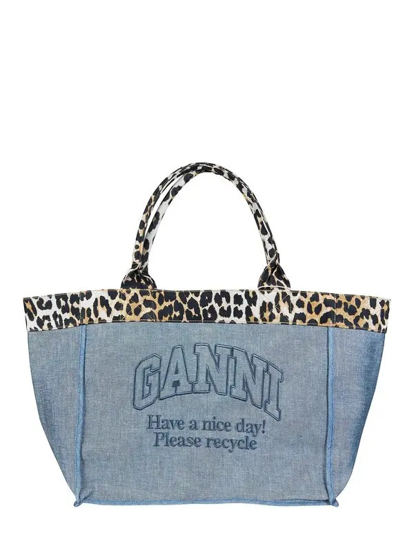 GANNI Leopard Print Logo Shopper Bag - Blu