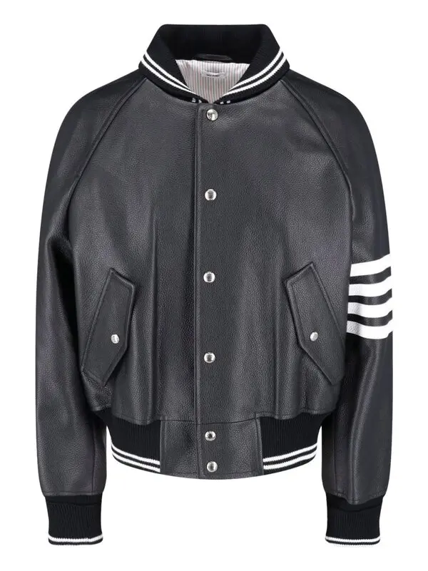 Thom Browne Leather Varsity Bomber Jacket - Black