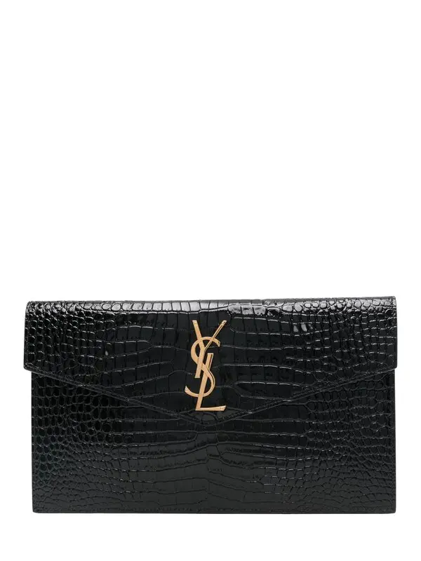 Saint Laurent Crocodile-embossed Shiny Leather Mini Clutch Bag - Nero