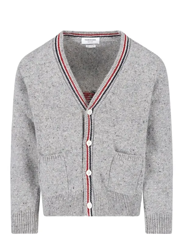 Thom Browne V-neck Wool-mohair Cardigan With Tricolor Stripe Detail - Grey