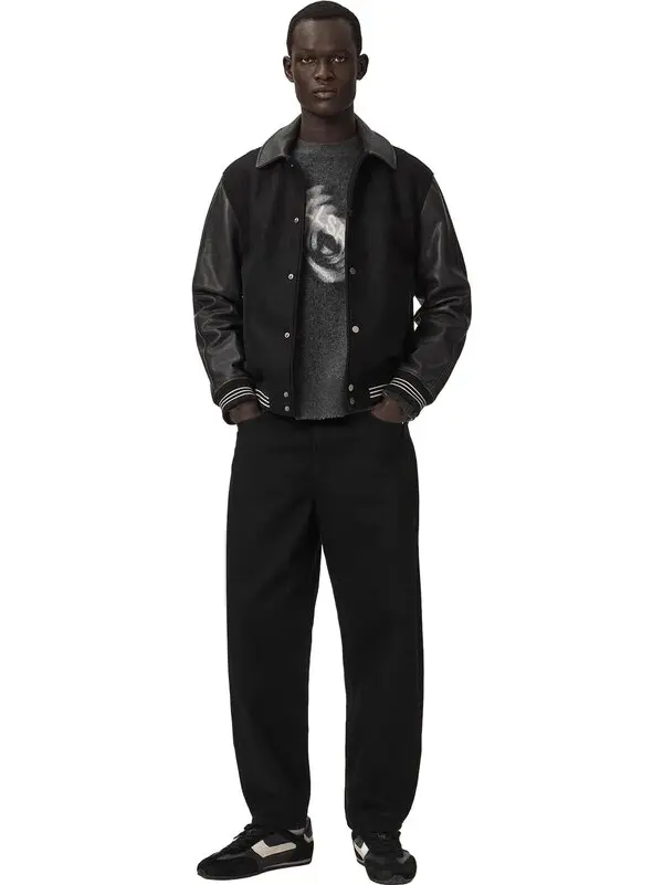 ALLSAINTS Vanson Wool Bomber Jacket With Leather Collar And Striped Trims - Black