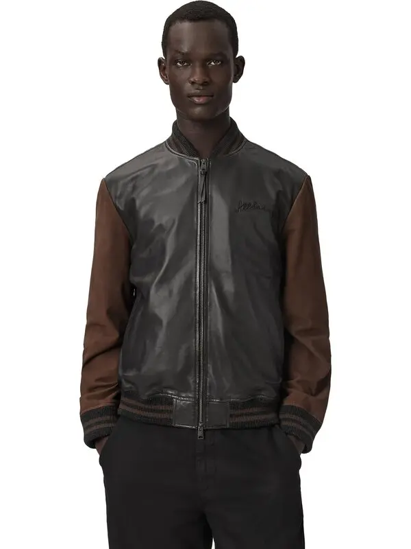 ALLSAINTS Leather Bomber Jacket With Suede Sleeves - Black/brown