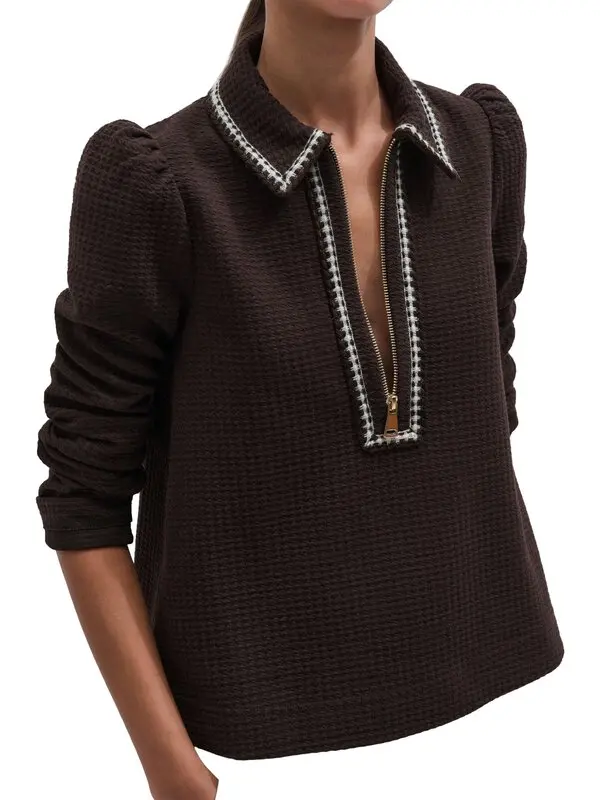 ME+EM Textured Zip Front Long Sleeve Top - Cocoa Brown
