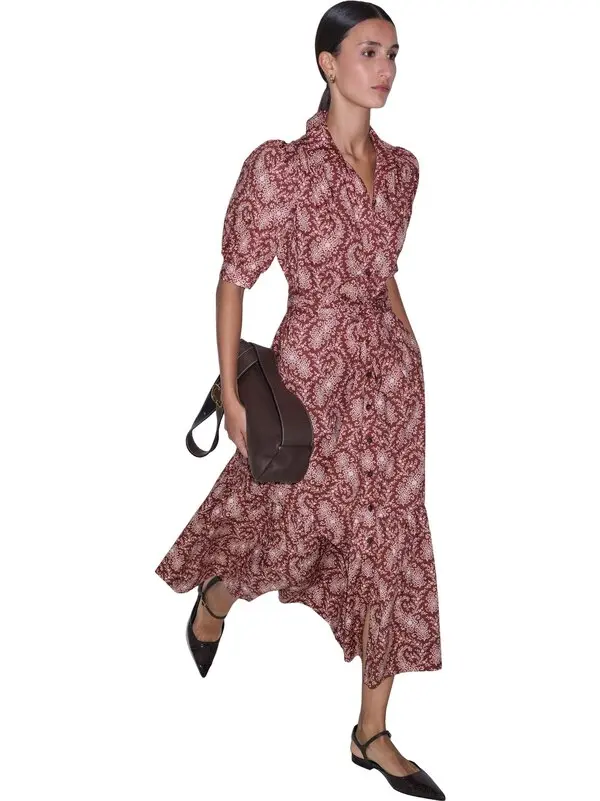ME+EM Dotted Floral Paisley Midi Shirt Dress With Belt - Brown Multi