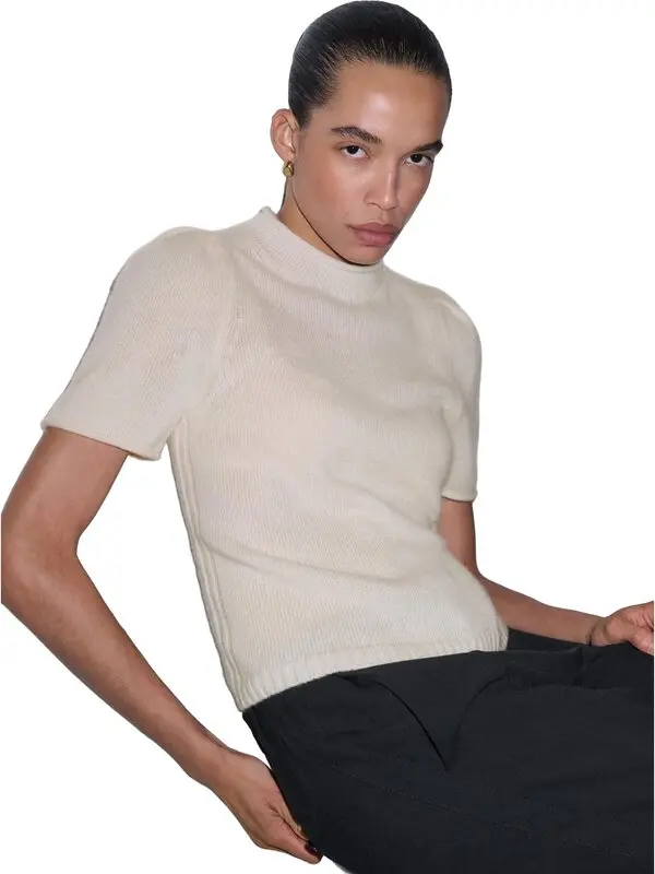 ME+EM Merino Cashmere Silk Pouf Sleeve Knit Tee - Cream