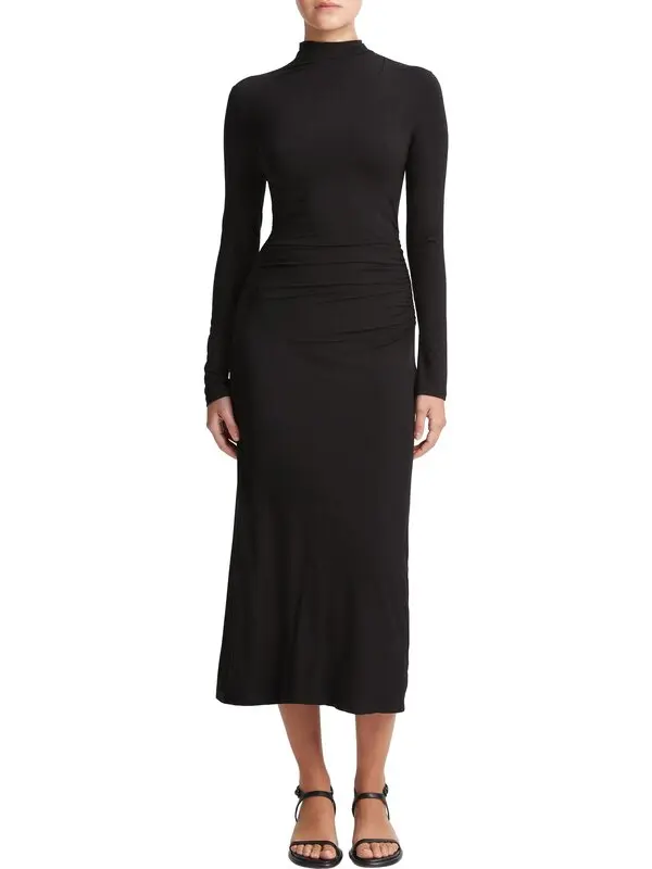 Vince Ruched Long-sleeve Turtleneck Dress - Black