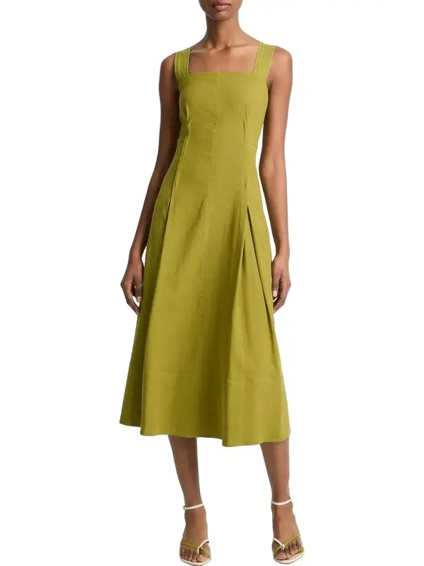 Vince Linen-blend Square-neck Midi Dress - Herbaria