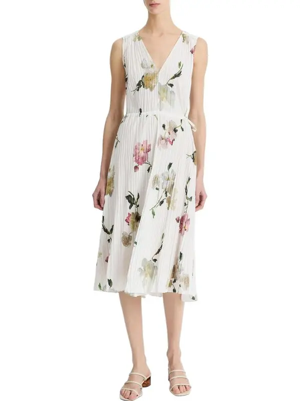 Vince Wilted Peony Pleated Midi Dress - White Peony