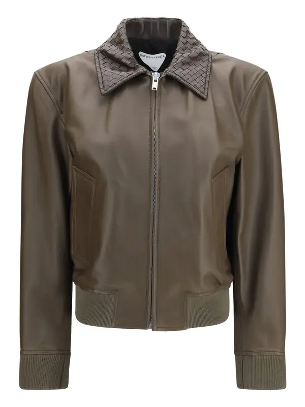 Bottega Veneta Glossy Leather Bomber Jacket - Brown