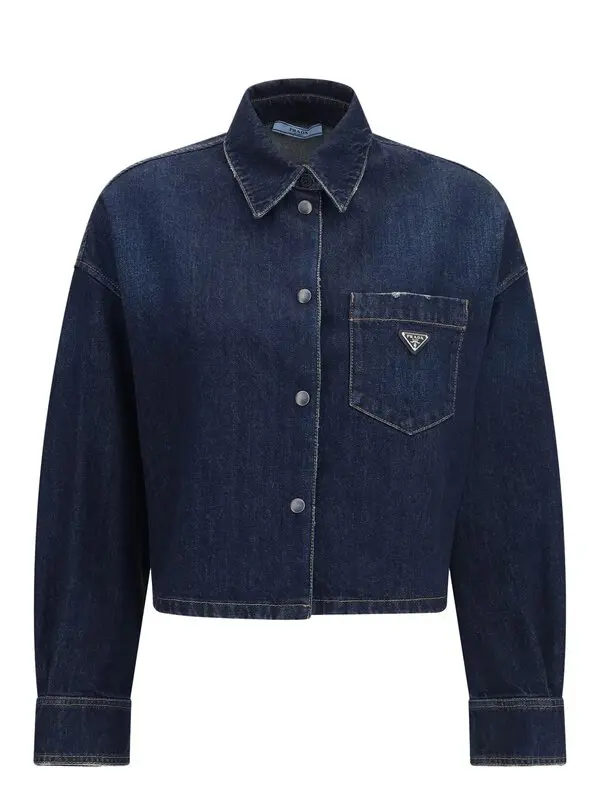 Prada Denim Shirt With Logo Plaque - Blue