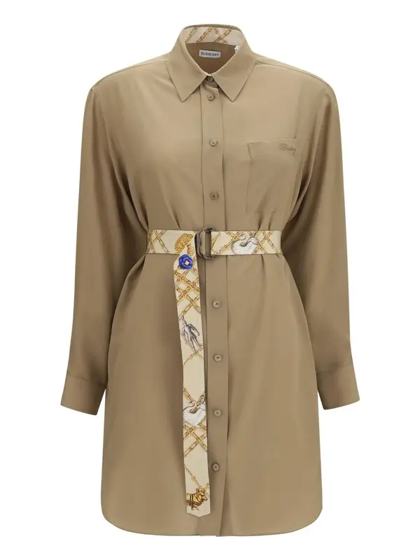 Burberry Silk Crêpe De Chine Shirt Dress With Printed Belt - Beige