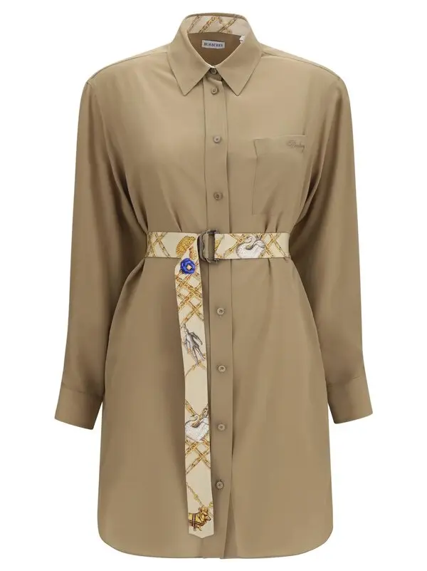 Burberry Silk Crêpe De Chine Shirt Dress With Printed Belt - Beige