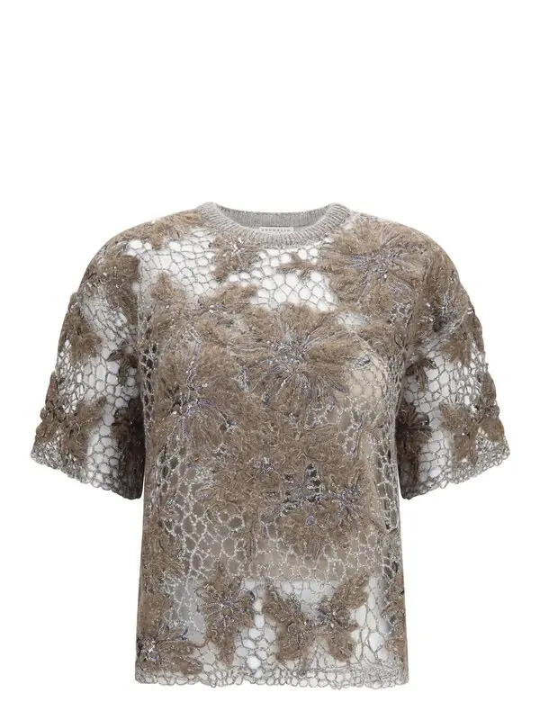 Brunello Cucinelli Crew-neck Top With Floral Embroidery And Sequins - Beige