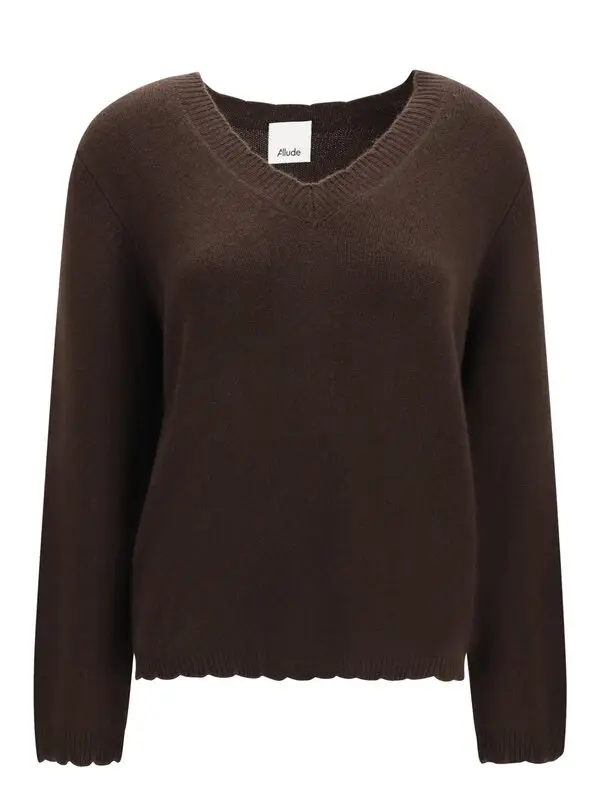 ALLUDE V-neck Long Sleeve Sweater - Brown