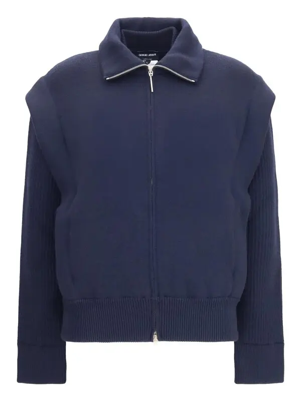 Giorgio Armani Padded Virgin Wool Bomber Jacket With Ribbed Sleeves - Blue