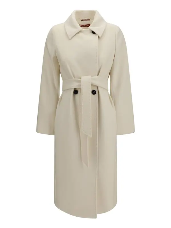 Max Mara Double Breasted Wool Coat With Belt - White