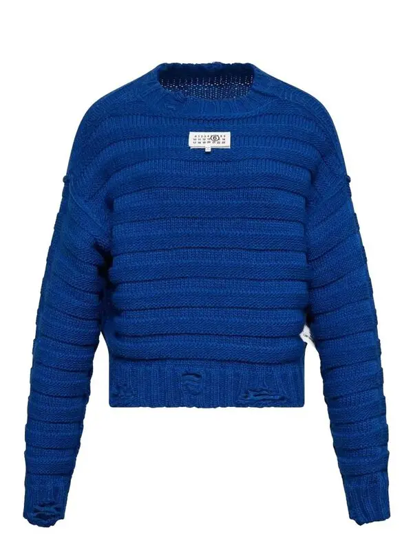 MAISON MARGIELA Wool Blend Ribbed Knit Distressed Sweater - Blue