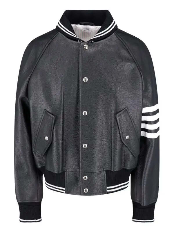 Thom Browne Leather Blouson Jacket With "4-bar" Detail - Black