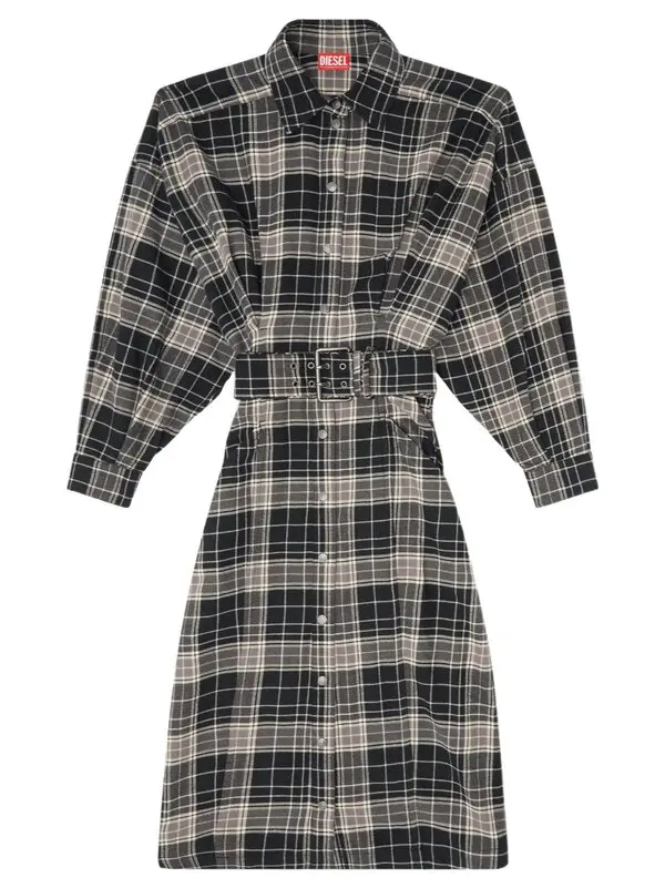 DIESEL® Midi Dress In Check Flannel With Wide Belt - Gray/black