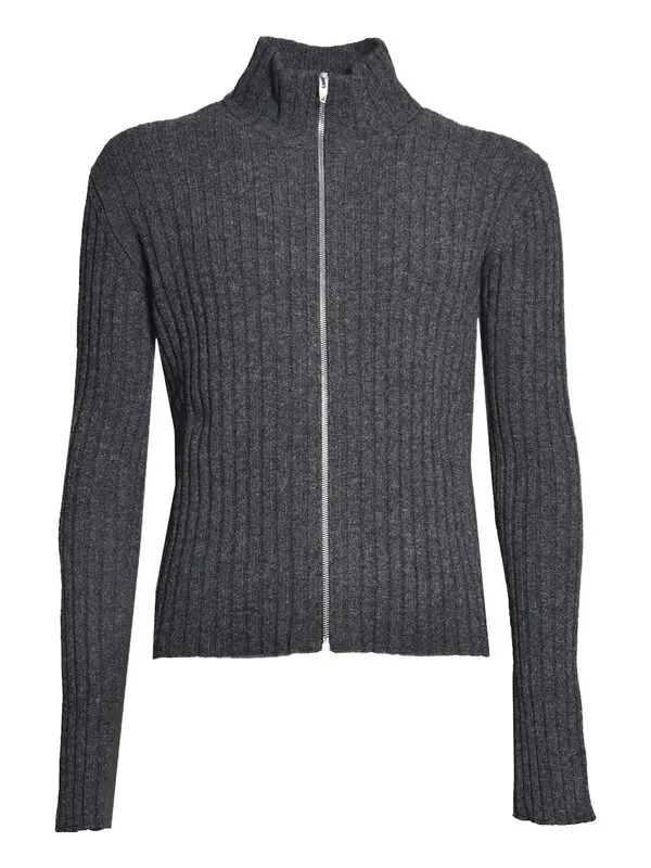 JIL SANDER Ribbed Zip-up High Neck Cardigan - Grey