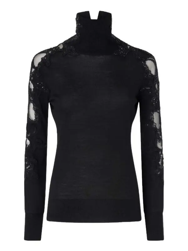 Ermanno Scervino Long-sleeved Virgin Wool Turtleneck Sweater With Lace And Crystal Embellishments - Black