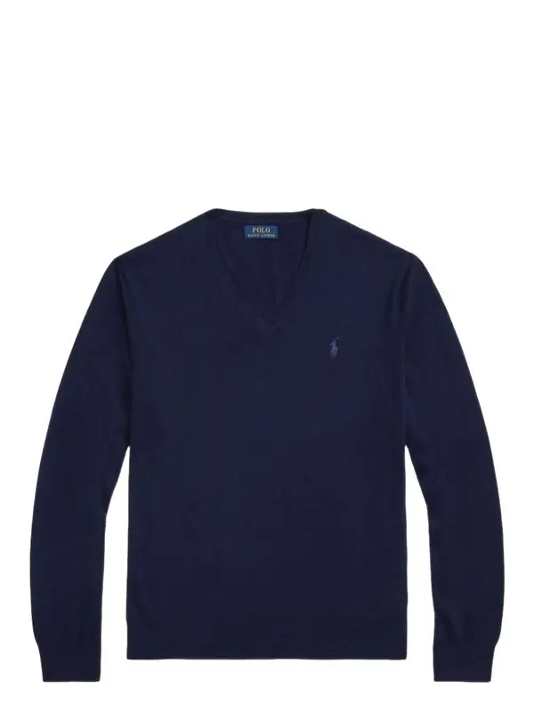 Polo Ralph Lauren V-neck Logo Embroidered Fine Knit Sweater - Blue