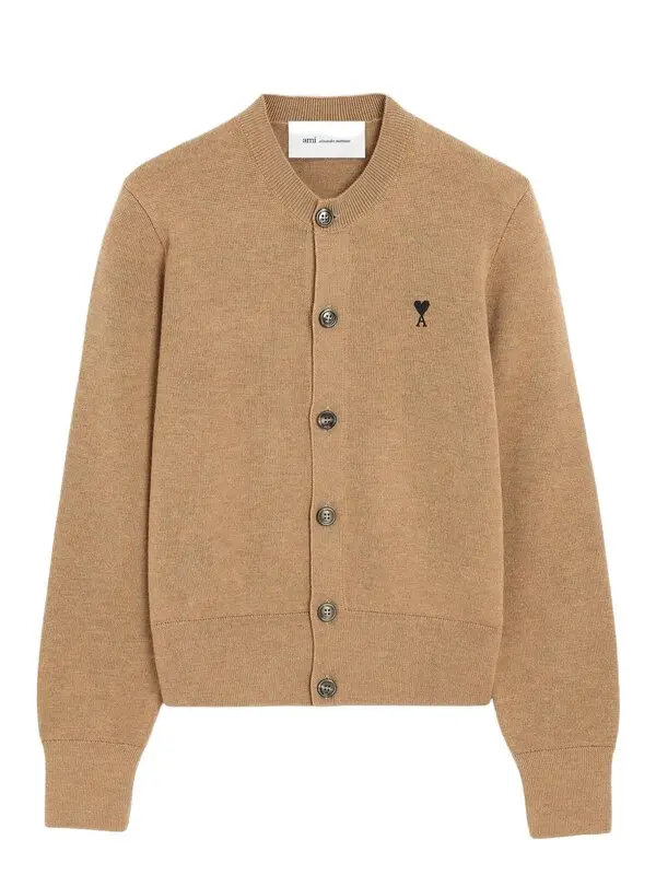 AMI Paris De Coeur Crewneck Cardigan In Responsible Wool - Camel/black