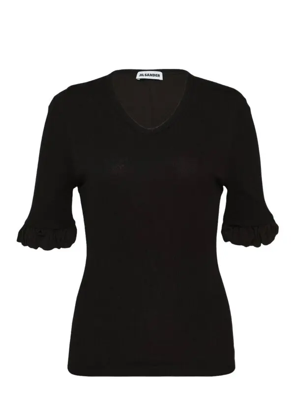 JIL SANDER Ribbed V-neck Top With Ruffled Cuffs - Black