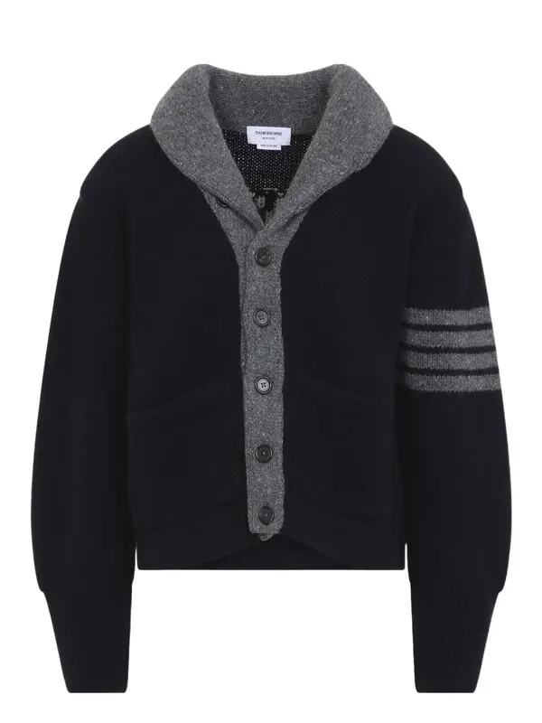 Thom Browne Knitted Hoodie With Rwb Stripes - Navy Blue