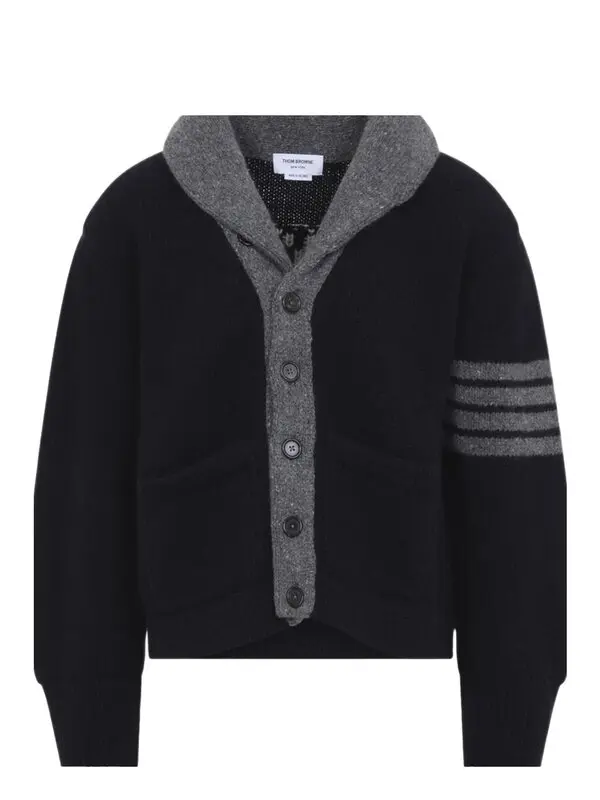 Thom Browne Knitted Hoodie With Rwb Stripes - Navy Blue