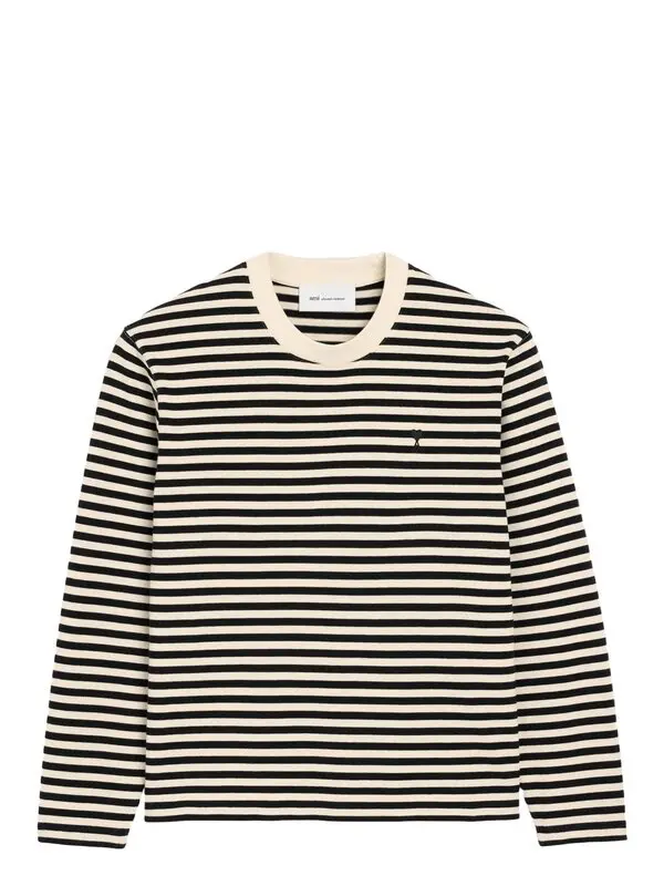AMI Paris De Coeur Mariniere Logo Embroidered Striped Ribbed T-shirt - Black/ivory