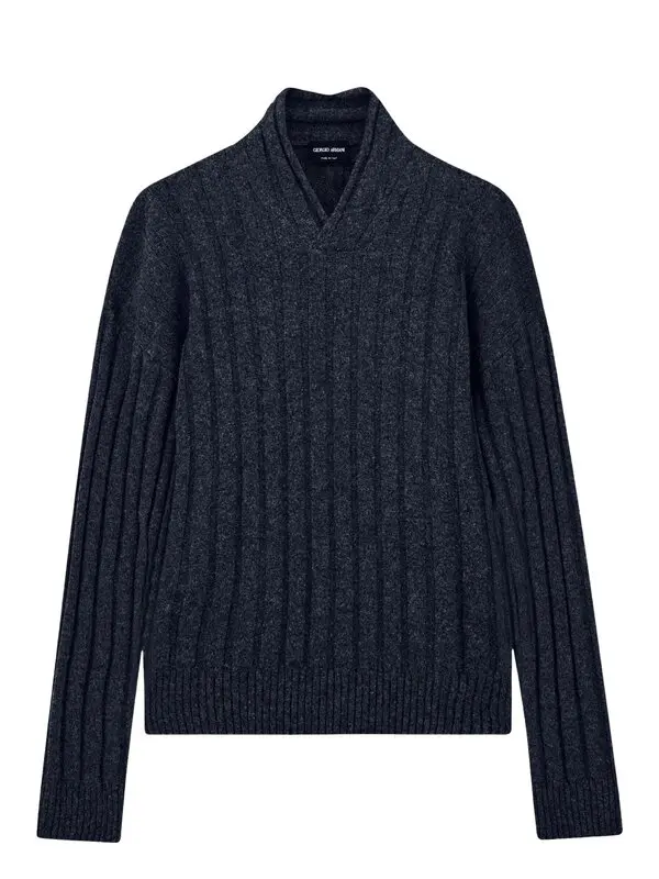 Giorgio Armani Long Sleeve Knit Top With Ribbed Details And Shawl Collar - Black