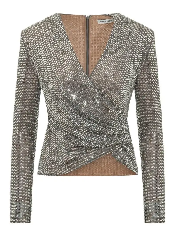 SELF-PORTRAIT Rhinestone Mesh Wrap Top - Grey