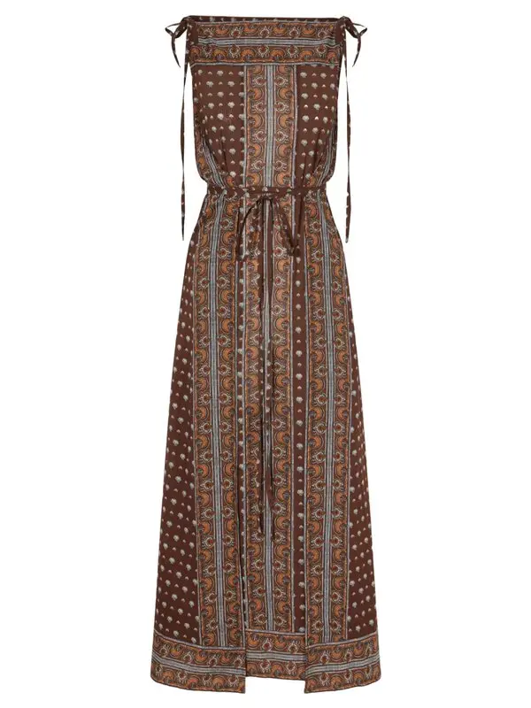DÔEN Belted Printed Organic Cotton-voile Midi Dress - Brown